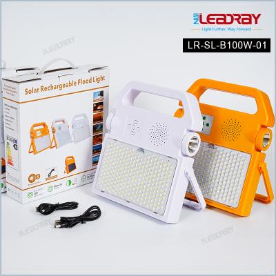 China LR-SL-B100W-01 Portable IP65 Outdoor Solar Flood Light 100W Camping Light with Bluetooth Speaker USB Power Bank for sale