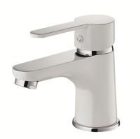 China Single Lever Wash Basin Faucet Chrome White Brass Ceramic Cartridge 10.4cm Protrusion 14.5cm Height for sale