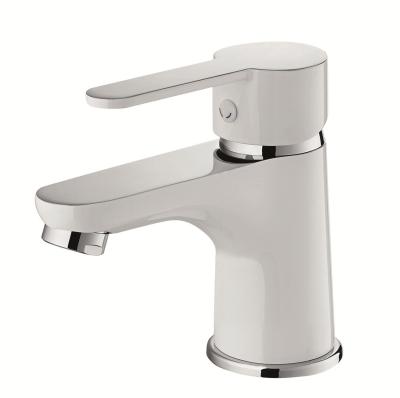 China Single Lever Wash Basin Faucet Chrome White Brass Ceramic Cartridge 10.4cm Protrusion 14.5cm Height for sale