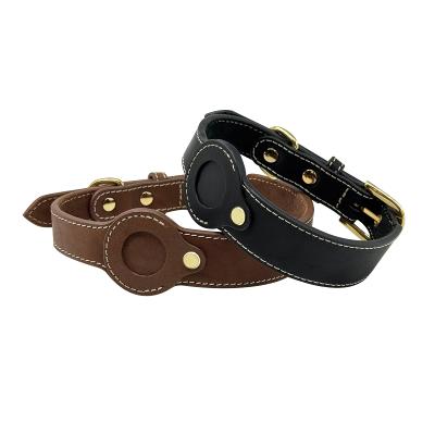 China Genuine Leather Dog Collar with Tracking Tag Holder - 3 Sizes (29-50cm Adjustable) for Medium to Large Dogs for sale
