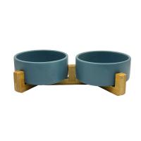 China Double Ceramic Pet Bowl with 0.8-inch Elevated Wooden Stand for Dogs and Cats - Food and Water Dish Set for sale