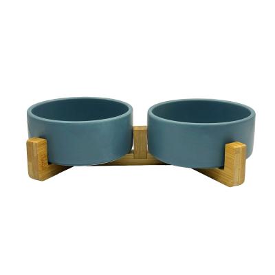 China Double Ceramic Pet Bowl with 0.8-inch Elevated Wooden Stand for Dogs and Cats - Food and Water Dish Set for sale