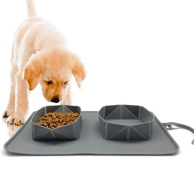 China Collapsible Silicone Travel Pet Bowl 38x23cm Dual Compartment Food and Water Dish for Dogs and Cats for sale