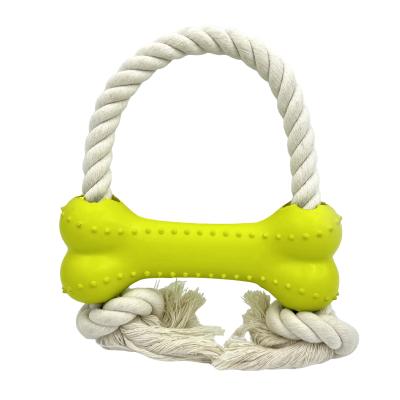 China 6.5 x 17.5cm Rubber Bone Dog Toy with Cotton Rope - Durable Chew Toy for Dental Health and Interactive Play for sale