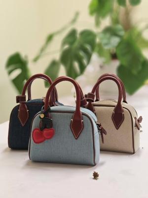 China Washed Denim with Imported Vegetable-Tanned Leather Canvas Boston Bag handbag  shoulder bag Crossbody Bag women's fashion work bag for sale