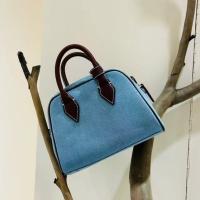 China Washed Denim with Imported Vegetable-Tanned Leather Canvas Boston Bag handbag  shoulder bag Crossbody Bag women's fashion work bag for sale
