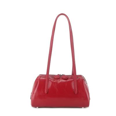 China Women's genuine leather bag Vintage Bag Top Grain Oil-Waxed Cowhide Folded Edge Boston Bag Shoulder Bag underarm bag China factory wholesale for sale
