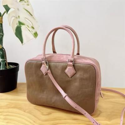 China Vegetable-Tanned Leather with Sheep Tendon Velvet Block Bag Panelled Briefcase Handbag Work Bag Crossbody Bag Shoulder Bag for sale