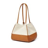 China Top-grain Cowhide with Custom Cotton-Linen Canvas Color-block mini genuine leather Tote Bag Crossbody Bags Handbag Basket bag China supplier wholesale for sale