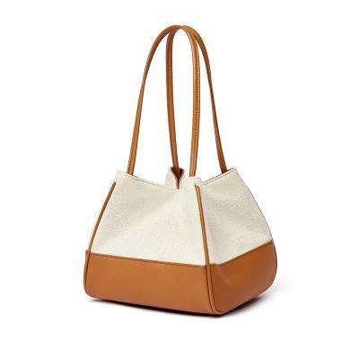 China Top-grain Cowhide with Custom Cotton-Linen Canvas Color-block mini genuine leather Tote Bag Crossbody Bags Handbag Basket bag China supplier wholesale for sale