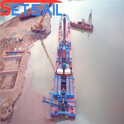 China 7-30 Meter Dredging Depth Chain Bucket Gold and Diamond Dredger with Jigging Machinery for sale