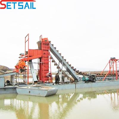 China 60m3-500m3 Capacity Diesel Engine Power Chain Bucket Diamond Dredger for River Gold for sale