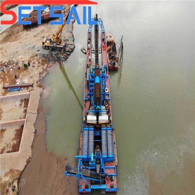 China Hull Dimension 23m-49m Customized Chain Bucket River Sand Gold Dredger with Trommel Screen for sale