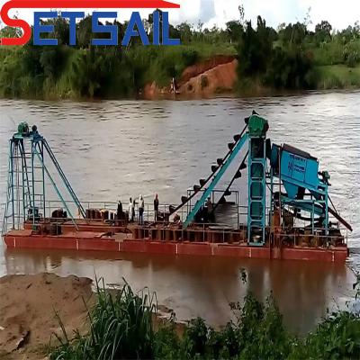 China Customized Chain Bucket River Gold Dredger with Trommel Screen Shipping Cost Included for sale