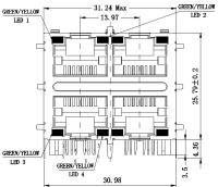 China 0879-2C2R-54 Stacked RJ45 Magjack 4Port 1000 Base-T Through Hole Angle Right for sale