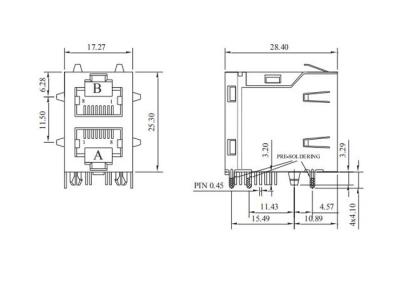 China ARJ21A-MCSB-MU2 Stacked  RJ45 8p8c Ethernet 2x1 Ports Shielded With LED for sale