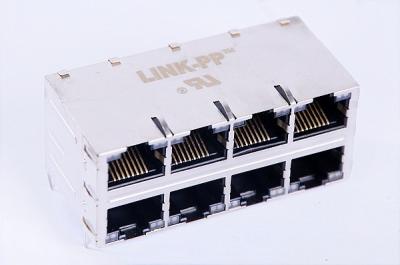 China 10/100BaseT PoE Stacked RJ45 , Through Hole 2 x 4 Port RJ45 Jack 0810-2H4R-DF-F for sale