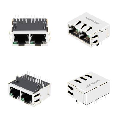 China 10G Base-T Tab Up 1x2 Port Rj45 Ethernet Connector Shielded With Leds JTL-U1002NL for sale