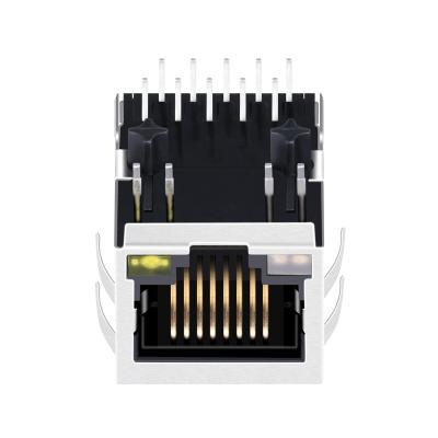 China 10G Base-T Tab Down 1 Port Through Hole RJ45 Magnetic Jack With Leds JTH-0024NL for sale