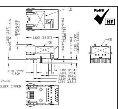 China L8BJ-1K1T-KDE 2.5G Base-T Tab Down 1X1 Port Low Profile RJ45 Magnetic Connector With Leds for sale