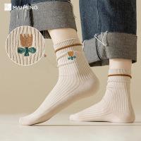 China Solid Color Stripe Breathable Cotton Socks Flower Embroidery Crew Women Socks for sale