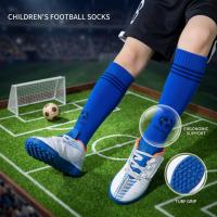 China Stirrup Shin Pad Sleeve Reflective Youth Football Socks Anti-Slip Grip Knee High Kids Soccer Training Socks for sale