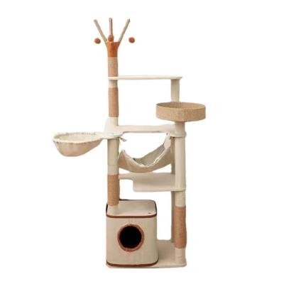 China Fully Wrapped Wooden Cat Tower with Replaceable Dangling Balls and Scratching Sisal Posts for sale