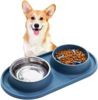 China Blue Slow Feeder Dog Bowl with Silicone Mat - Stainless Steel Pet Food Bowl with Spill-Proof Design for sale