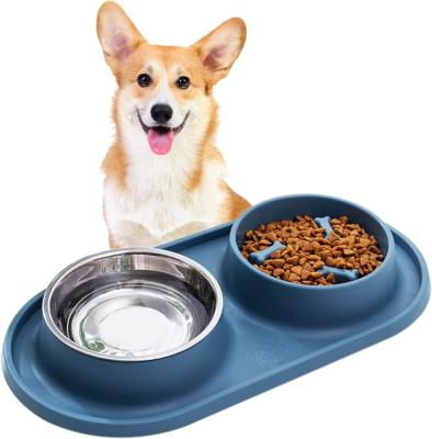 China Blue Slow Feeder Dog Bowl with Silicone Mat - Stainless Steel Pet Food Bowl with Spill-Proof Design for sale