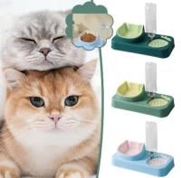 China 15 Degree Tilt Cat Bowl Feeder 2 in 1 ABS Plastic Pet Feeding Bowl with 500ml Automatic Water Dispenser for sale