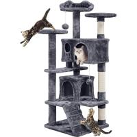 China Custom Luxury Dark Grey Plush Wood Multi-Storey Cat Villa with Climbing Tree - E1 Standard Wood & SGS Certified Materials for sale