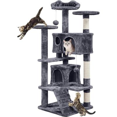 China Custom Luxury Dark Grey Plush Wood Multi-Storey Cat Villa with Climbing Tree - E1 Standard Wood & SGS Certified Materials for sale