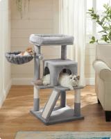 China Light Gray Cat Tree with Toy Cat Tower Condo House Padded Plush Perch Sisal Scratching Posts 2 Door Cave for sale