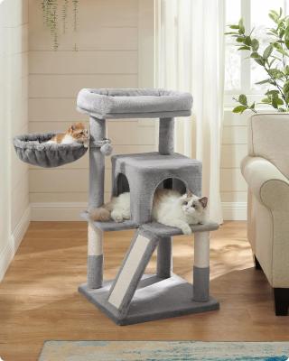 China Light Gray Cat Tree with Toy Cat Tower Condo House Padded Plush Perch Sisal Scratching Posts 2 Door Cave for sale