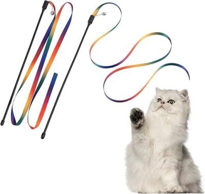 China Plastic Cat Teaser Stick Toy Interactive Cat Wand with Colorful Ribbon for Indoor Cats 60cm for sale