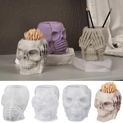 China DIY dropper covers ears, eyes, mouth, skull head pen holder, storage box, Halloween gypsum ornament, silicone mold for sale