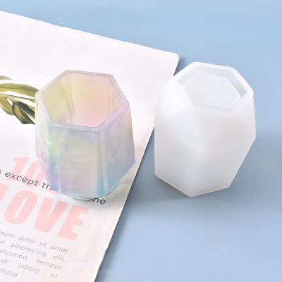 China DIY Crystal Dropping Gel Mold Handmade Small Hexagonal Cutting Pen Holder Pencil Storage Silicone Mold for sale