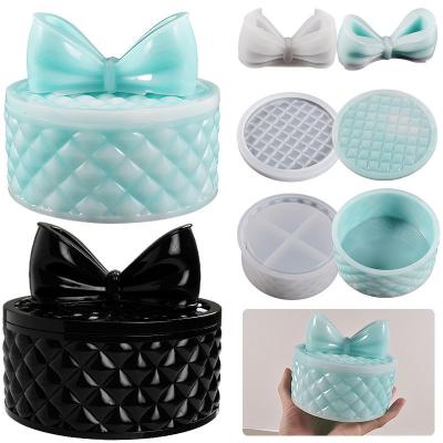 China DIY Crystal Dropping Resin Gypsum Leather Pattern Grid Bow Storage Box Jewelry Platform Silicone Mold for sale