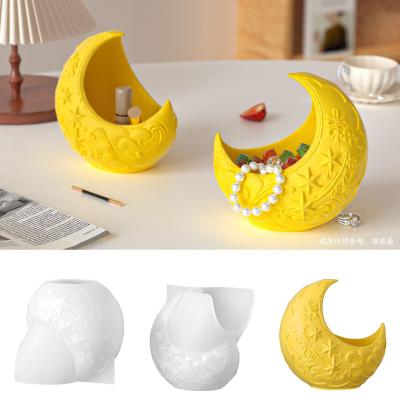 China Embossed pattern moon storage box mold, handmade DIY gypsum cement jewelry box, home decoration silicone mold for sale