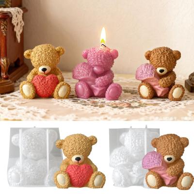 China Cross border holding love roses couple teddy bear DIY aromatherapy gypsum candle ornament silicone mold for sale