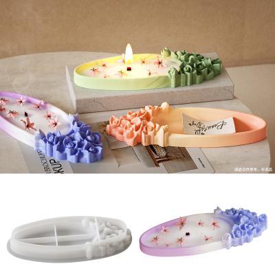 China Dropped Rose Blossoms Tray Dish Ornament Elliptical Aromatherapy Gypsum Candle Container Silicone Mold for sale