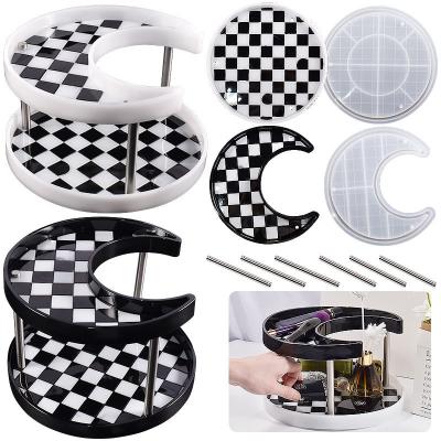 China DIY Drip Glue Resin Gypsum Round Moon Chessboard Double Layer Storage Box Tray Silicone Mold for sale