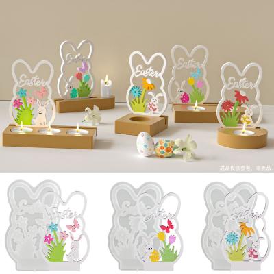China DIY Easter Rabbit Shaped Hollow Flower Butterfly Bunny Insert Board Candle Holder Ornament Gypsum Silicone Mold for sale