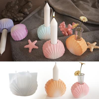 China DIY Gypsum Cement Shell Candlestick Mold Striped Shell Flower Vase Candleholder Mirror Dropping Silicone Mold for sale