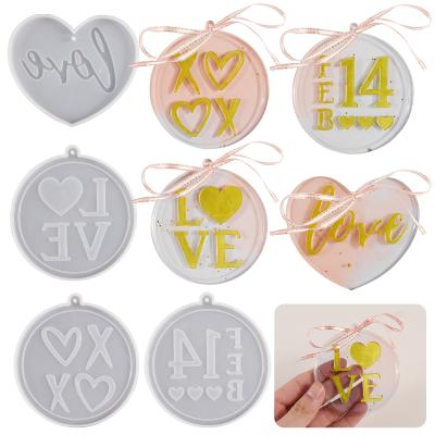 China DIY Crystal Dropper Resin Heart-shaped Circular English Love Hanging Pendant Keychain Valentine's Day Silicone Mold for sale