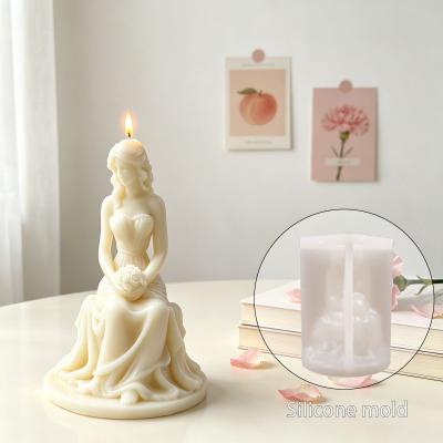 China Three Dimensional Flower Holding Girl Sitting Posture Portrait Aromatherapy Candle Silicone Mold DIY Gypsum Ornament Mold for sale