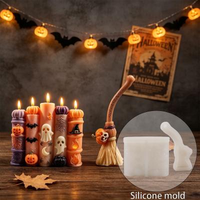 China Halloween Cylindrical Relief Ghost Pumpkin Bat Candle Mold DIY Aromatherapy Skeleton Broom Silicone Mold for sale