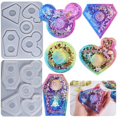 China Love Circle Diamond Bear Head Geometric Flowing Sand Pendant Silicone Mold DIY Crystal Drip Glue Keychain for sale