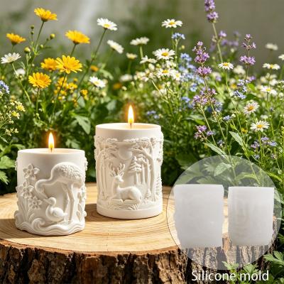China Relief Forest Elk White Crane Mother And Child Cylindrical Aromatherapy Candle Cup Storage Jar Ornament Silicone Mold for sale