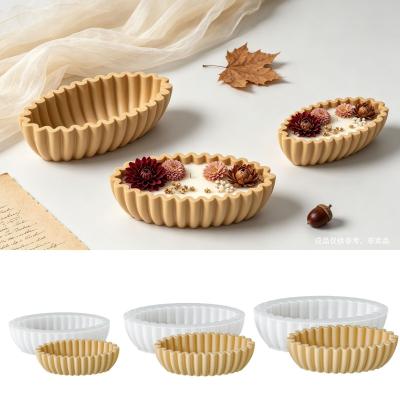 China Ins Wind Wave Lace Oval Storage Bowl Silicone Mold DIY Striped Pleated Fruit Tray Candle Cup Mold for sale